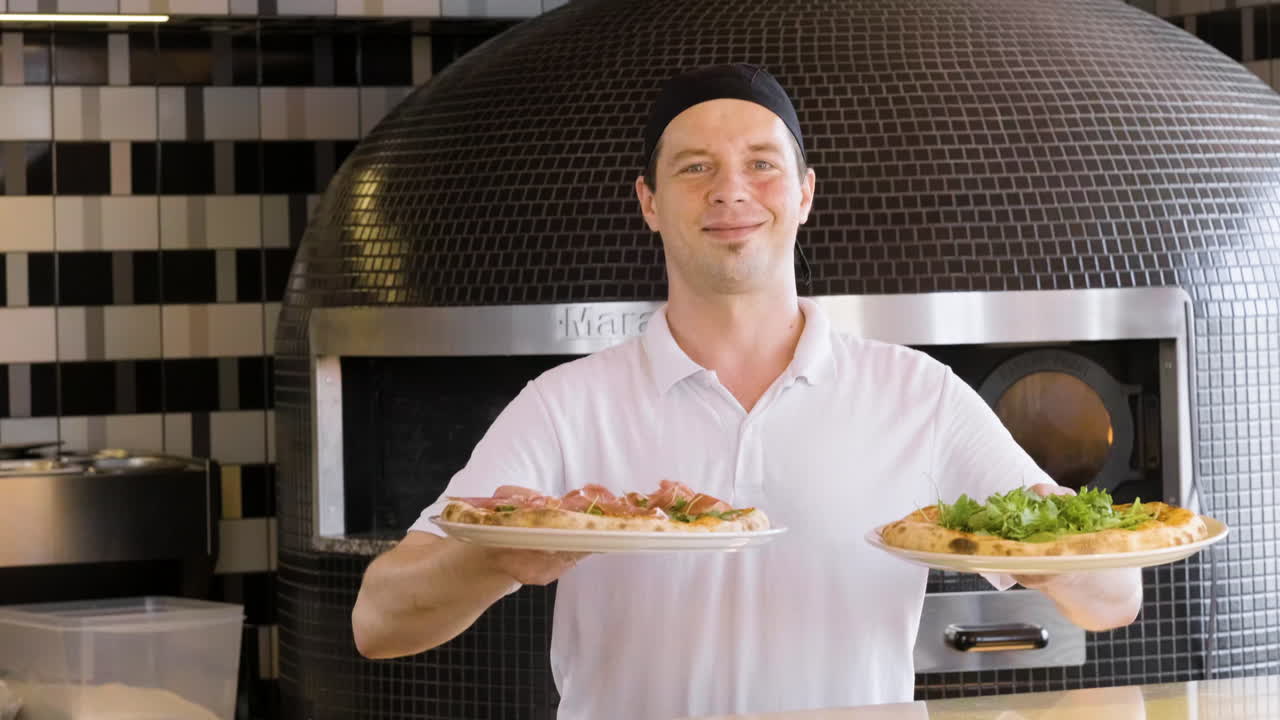 Premium stock video - Happy chef showing pizzas and smiling at the ...