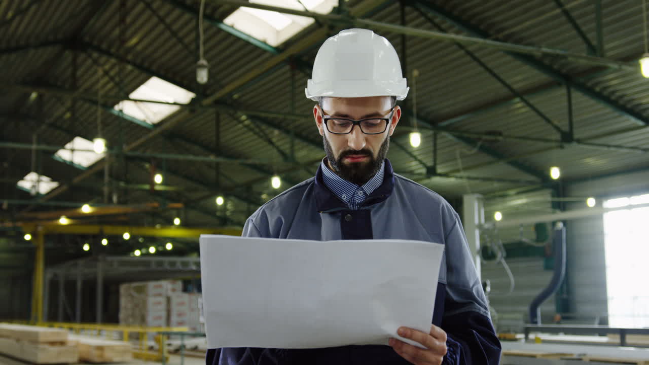 Free stock video - Caucasian engineer wearing helmet and glasses