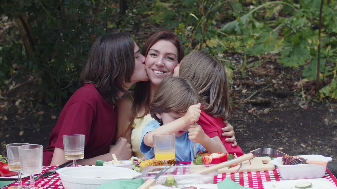 Free stock video - Medium shot of sons sitting around mother, kissing ...