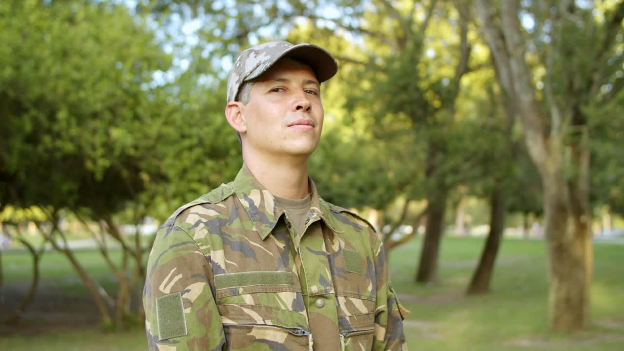 Free stock video - Portrait of serious man in military camouflage uniform