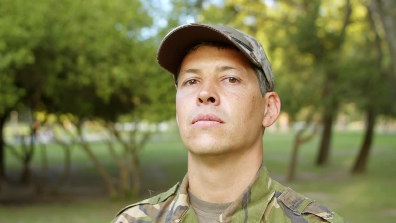 Free stock video - Closeup of serious male guard in military camouflage cap