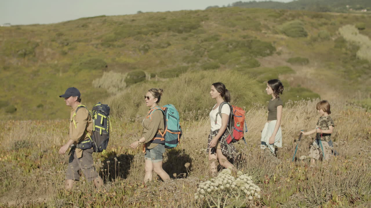 Free stock video - Side view of a happy family with backpacks walking ...