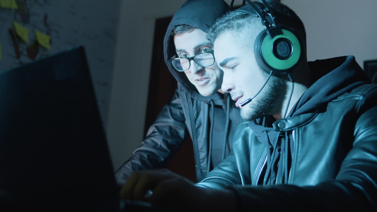 Free stock video - Two young hackers working in dark room at night