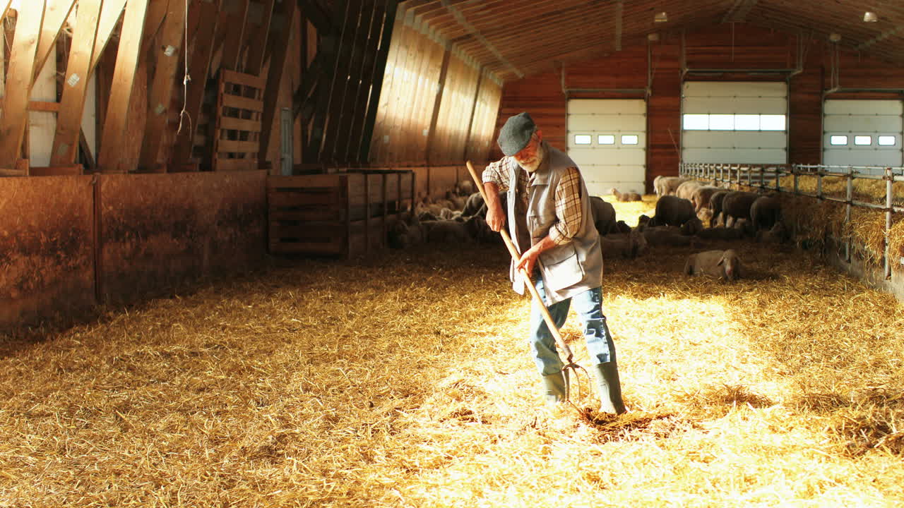 Free stock video - Senior man in hat cleaning hay with rakes to feed ...