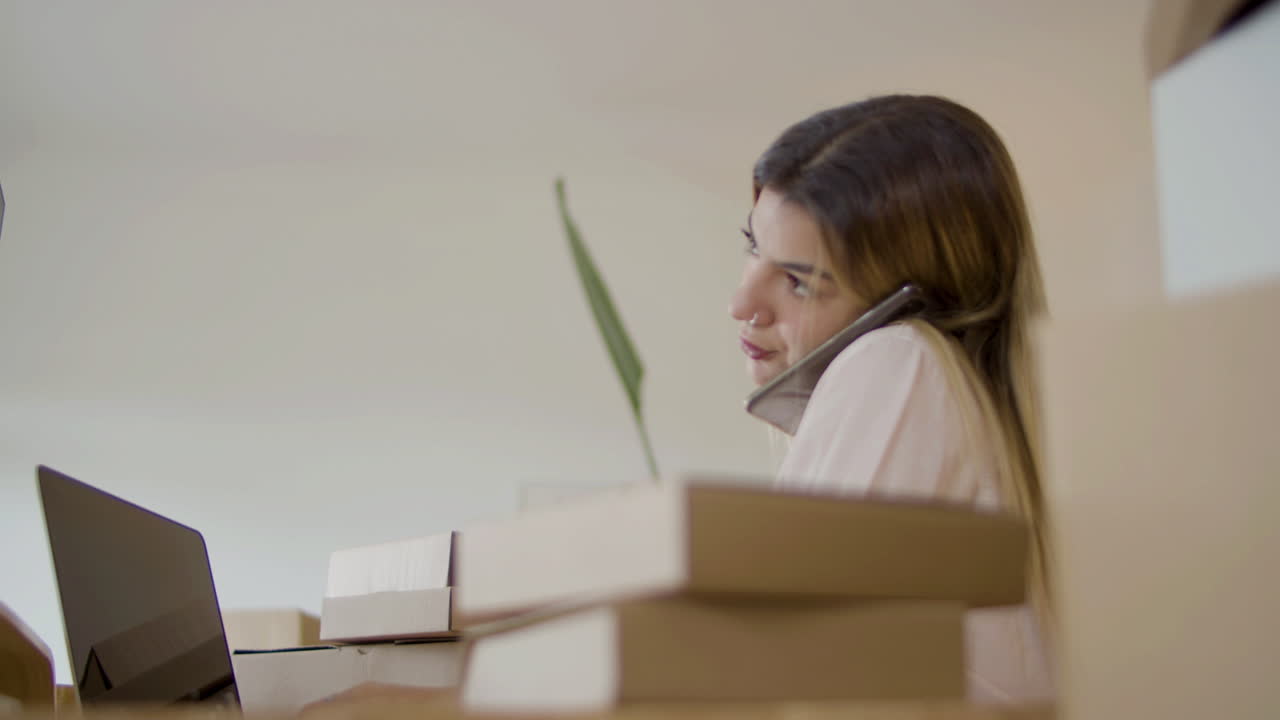 Free stock video - Young female startup owner consulting client on phone