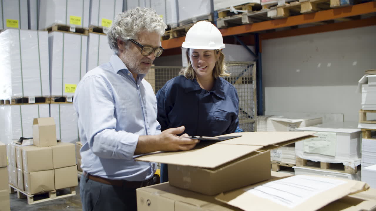 Vídeo Gratis - Jefe sonriente y empleada hablando en el almacén ...