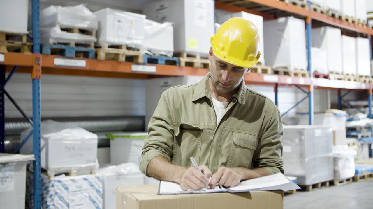 Free stock video - Focused caucasian worker signing documents in warehouse