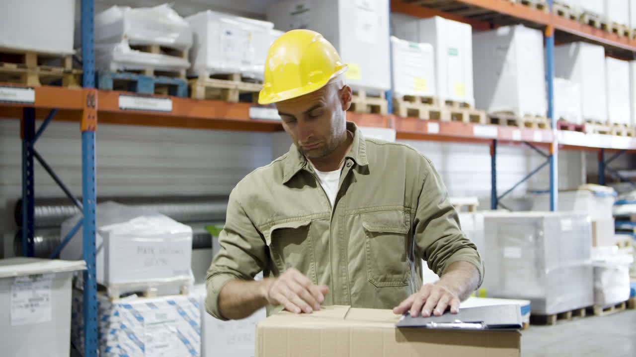 Free stock video - Focused worker inspecting cardboard boxes, fixing helmet