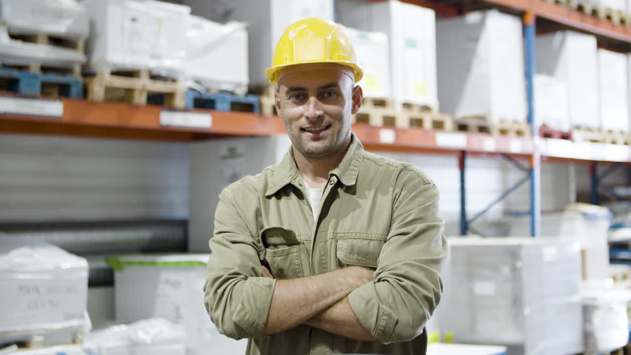 Free stock video - Smiling male worker standing in warehouse, crossing ...
