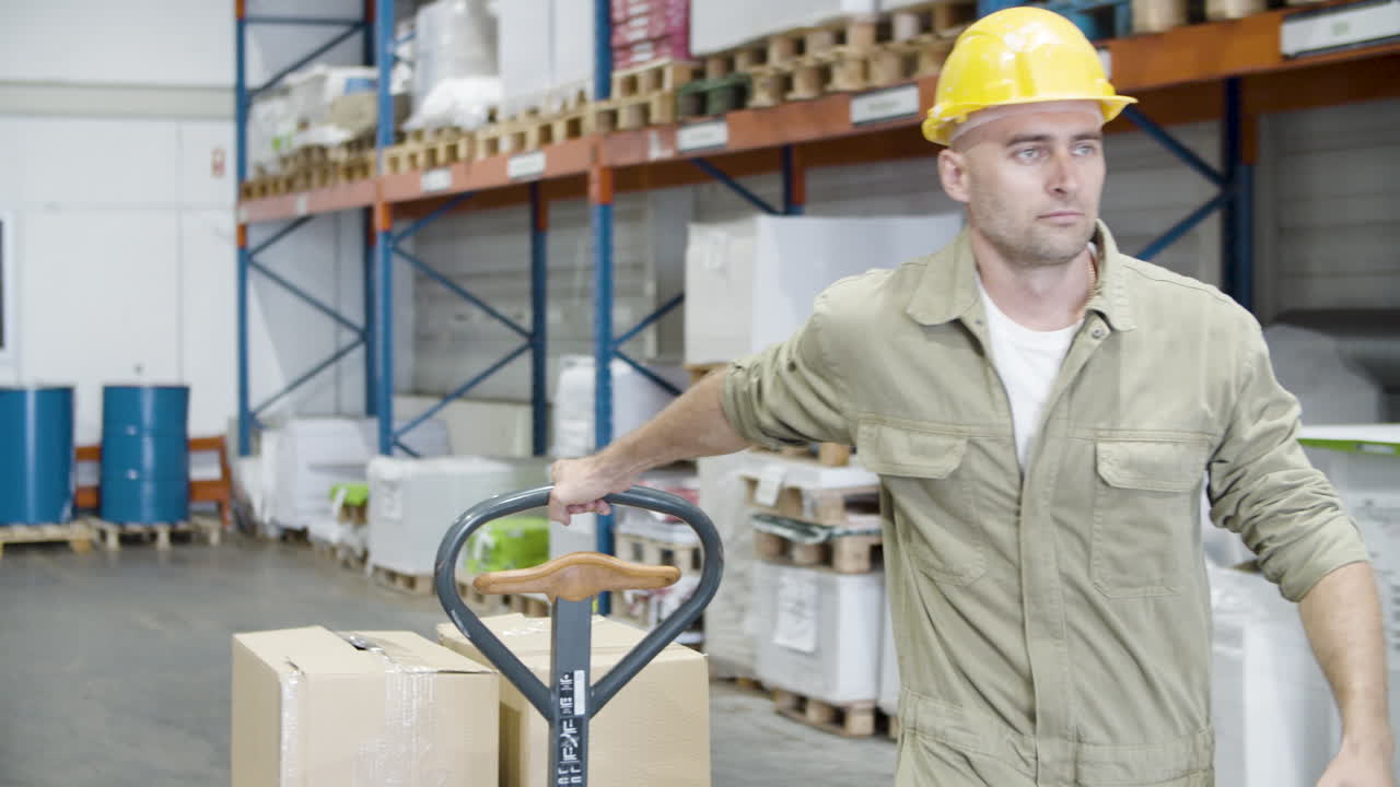 Free stock video - Serious male worker pulling trolley with cardboard boxes