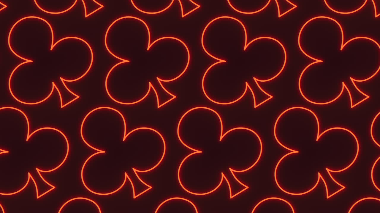 Premium stock video - Neon red clubs pattern on dark black space