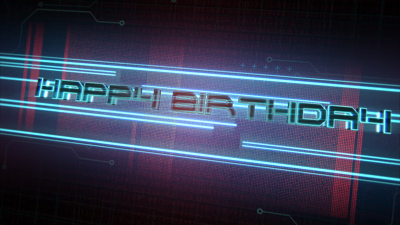 Premium stock video - Happy birthday with cyberpunk matrix and hud elements