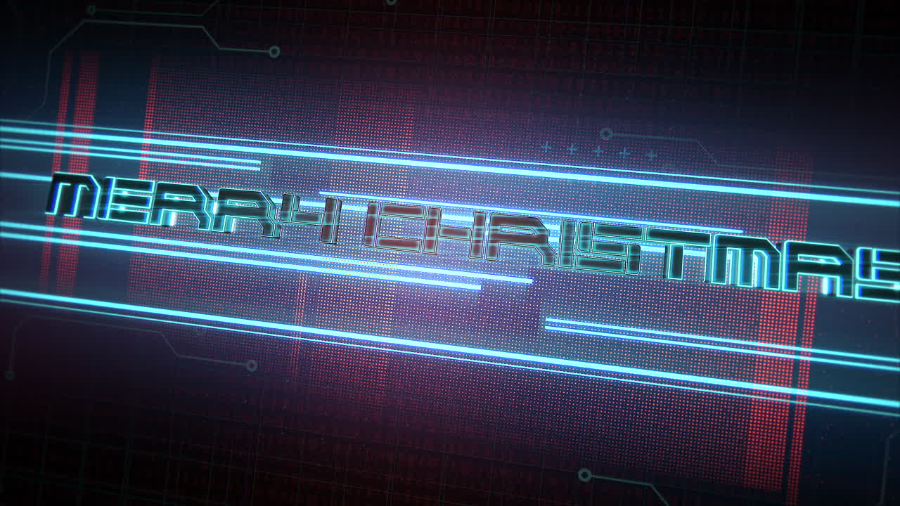 Premium stock video - Merry christmas with cyberpunk lines and matrix code