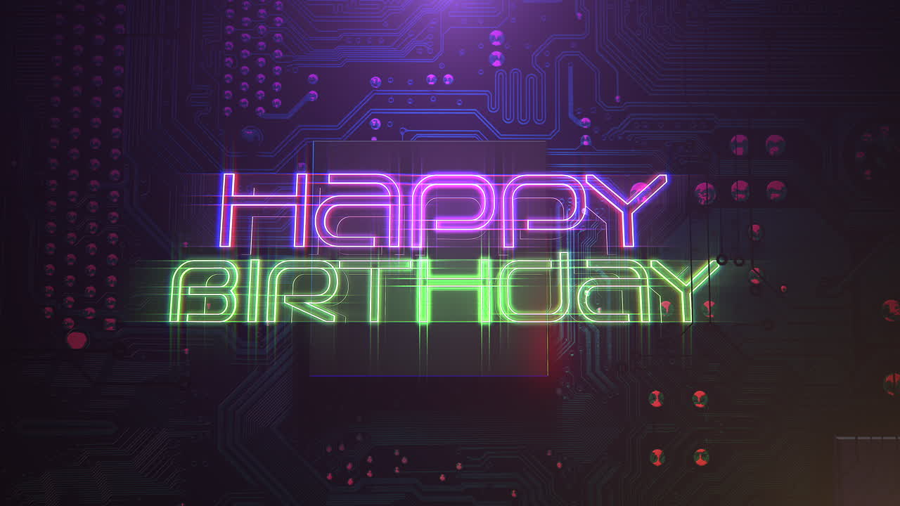Premium stock video - Happy birthday with neon motherboard and computer ...