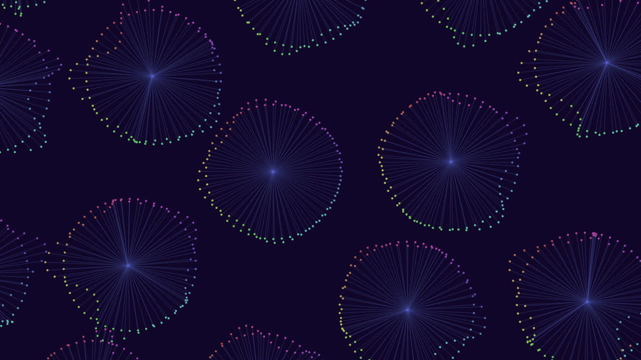 Premium stock video - Futuristic circles pattern with neon rainbow dots on black gradient