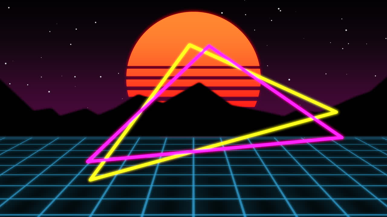 Premium stock video - Big sun and neon triangles with blue grid in galaxy