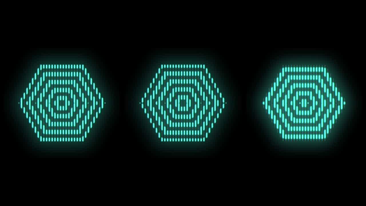 Premium stock video - Hexagons geometric icons in rows with neon light on black gradient