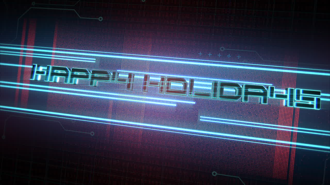 Premium stock video - Happy holidays with cyberpunk display and matrix code