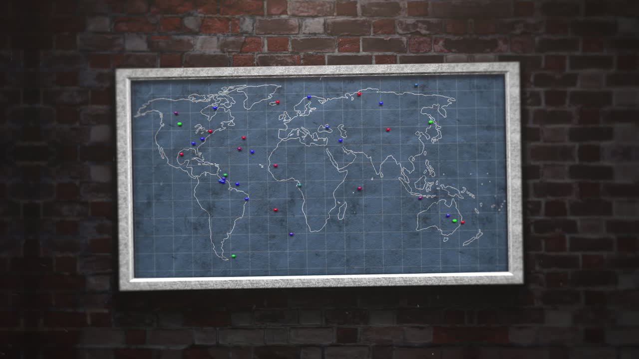 Premium stock video - World map with point of visit on brick wall