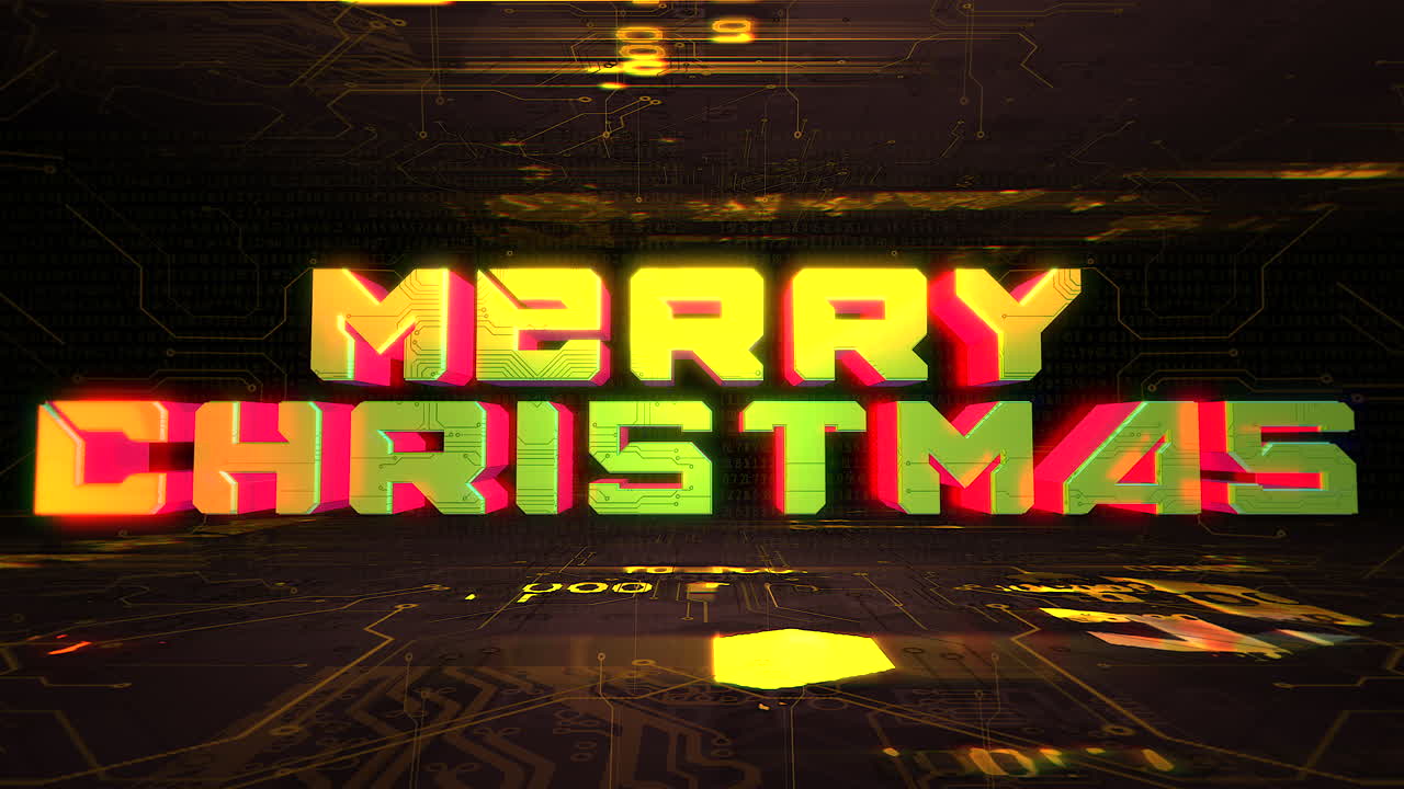Premium stock video - Merry christmas on motherboard with neon light