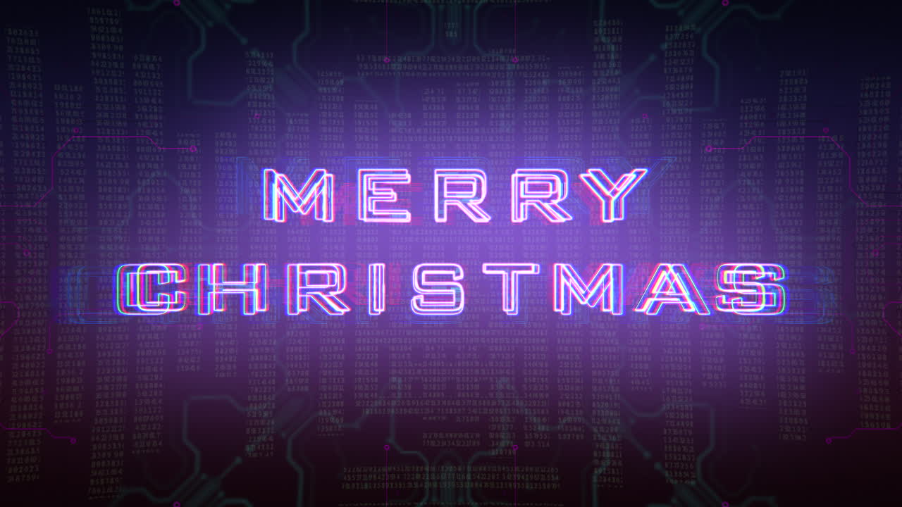 Premium stock video - Merry christmas with cyberpunk grid and matrix code