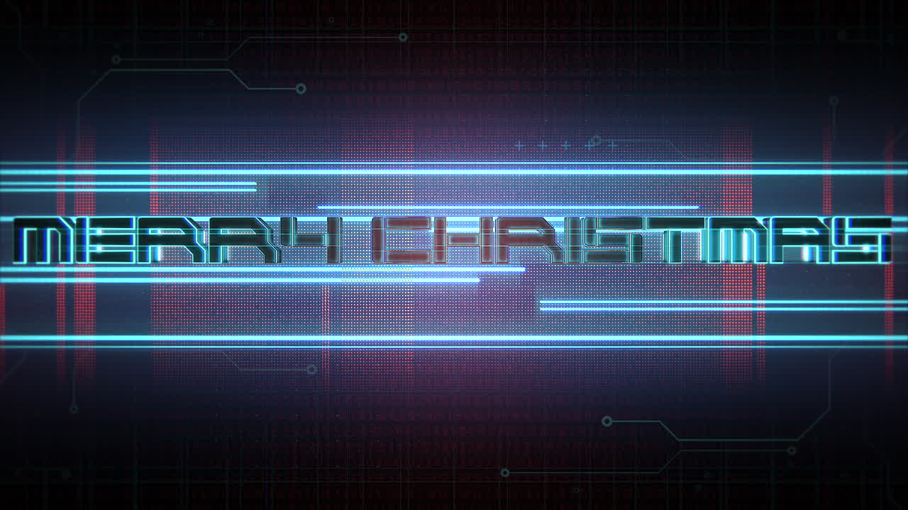 Premium stock video - Merry christmas with cyberpunk lines and matrix code