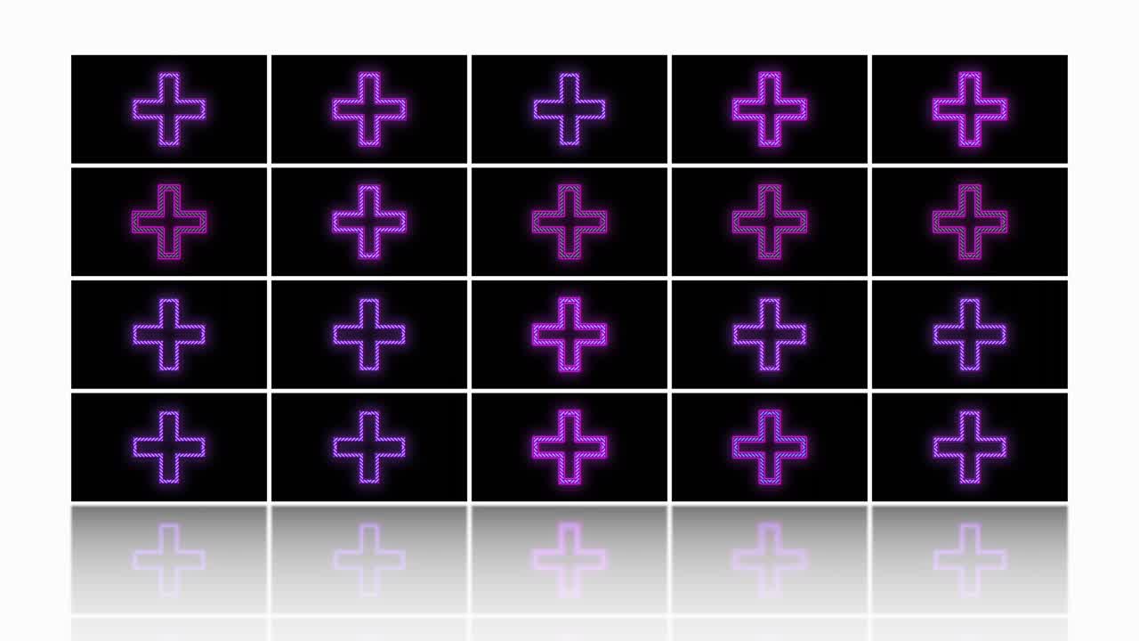 Premium stock video - Neon plus sign pattern in rows on black gradient