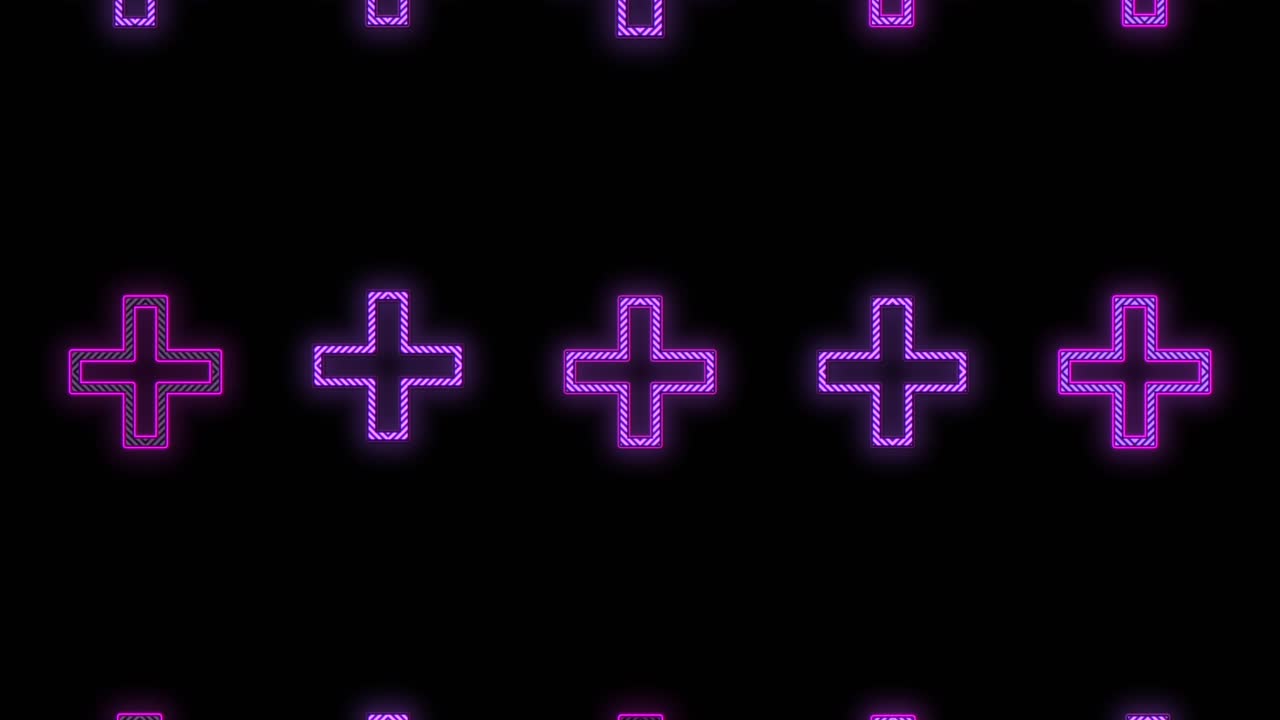 Premium stock video - Neon plus sign pattern in rows on black gradient