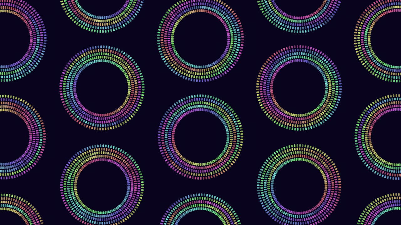 Premium stock video - Neon circles pattern with rainbow dots on black gradient