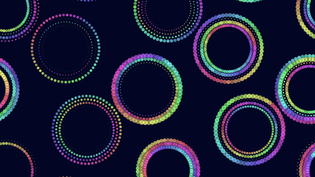 Premium stock video - Neon circles pattern with rainbow and random dots on black gradient 2