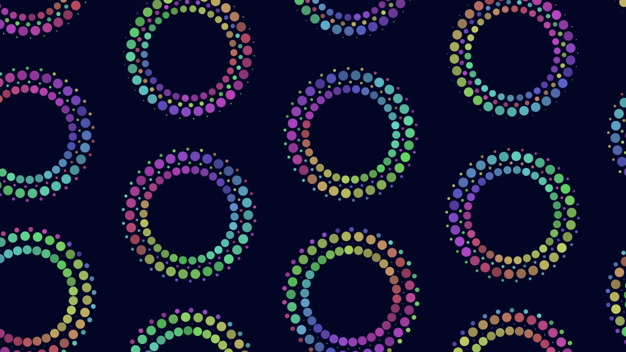Premium stock video - Neon circles pattern with rainbow and random dots on black gradient 4