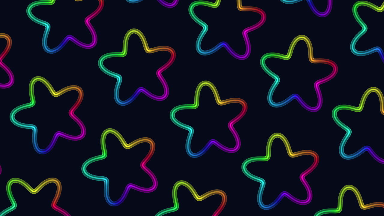 Premium stock video - Flat rainbow stars pattern in rows on black gradient