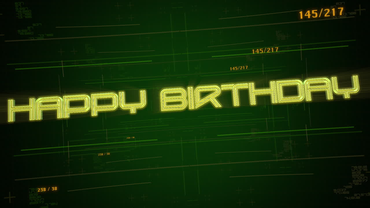 Premium stock video - Happy birthday with cyberpunk matrix and hud elements
