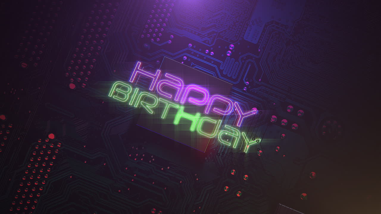 Premium stock video - Happy birthday with neon motherboard and computer ...