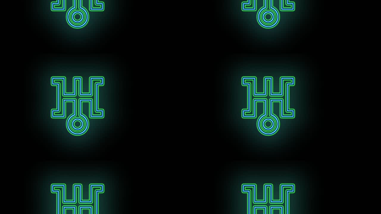 Premium stock video - Pulsing neon green japan symbols pattern in rows 8