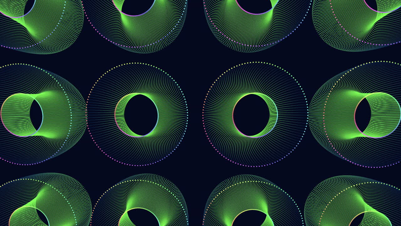 Premium stock video - Repeat neon futuristic spheres pattern with rainbow glitters on black gradient