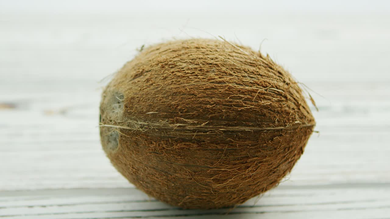 Premium stock video - Unpeeled brown coconut on table