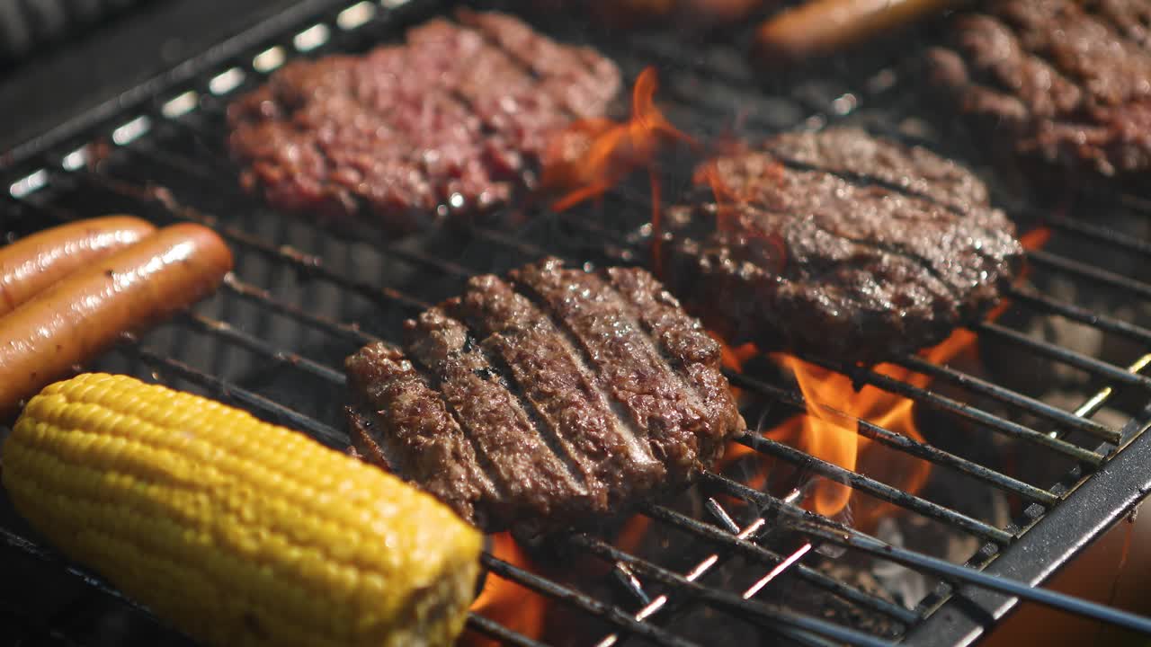 Premium stock video - Mixed american barbecue food on hot grill