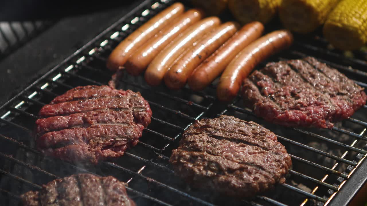 Premium stock video - Mixed american barbecue food on hot grill