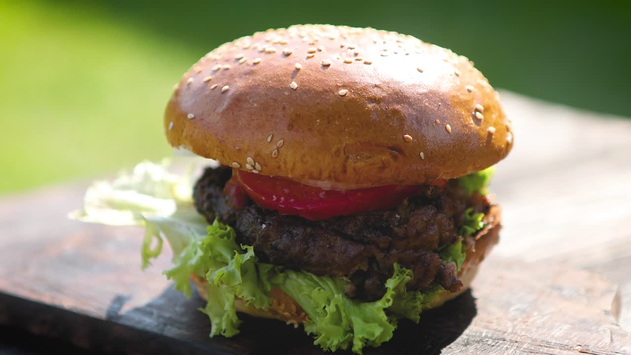 Premium stock video - Tasty beef burger with lettuce onion and tomatoes ...