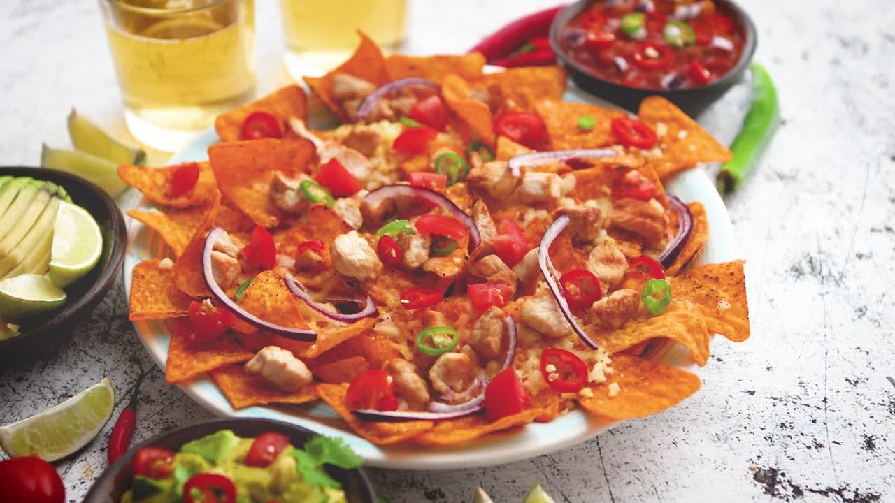 Premium stock video - Mexican corn nacho spicy chips served with melted ...