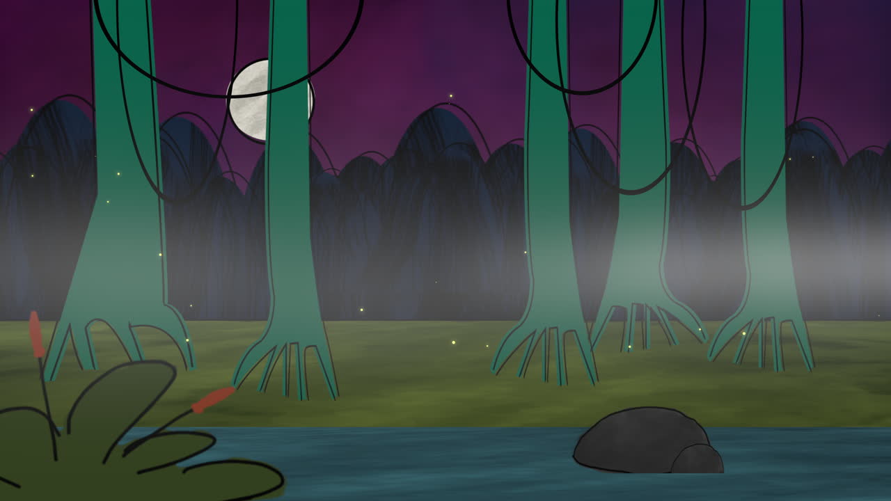 Premium stock video - Cartoon animation background with forest and swamp