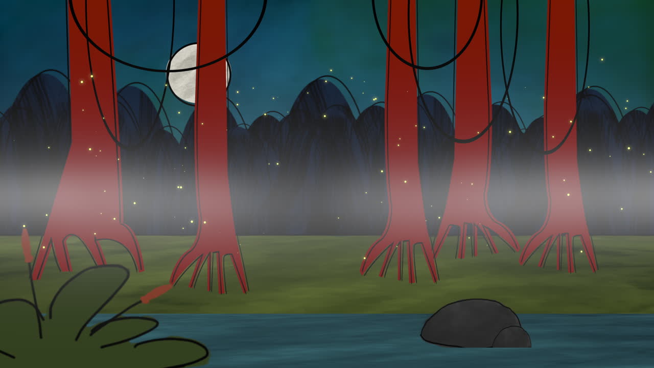 Premium stock video - Cartoon animation background with forest and swamp 1