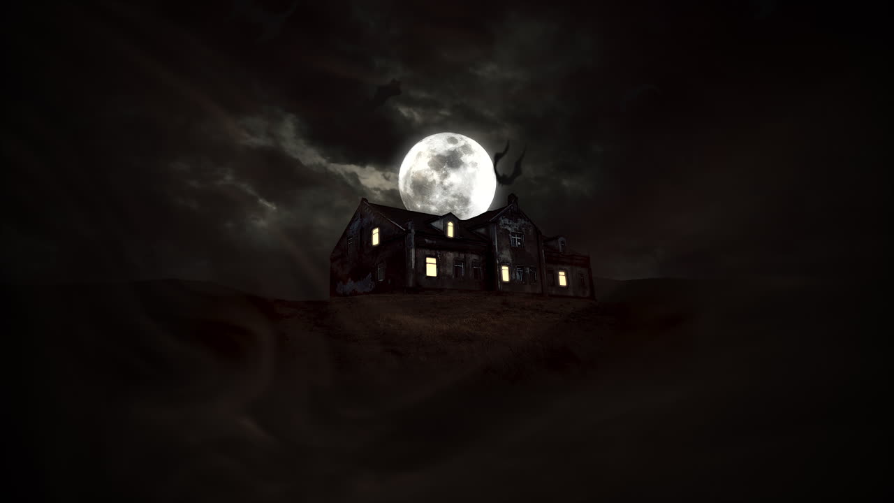 Premium stock video - Mystical horror background with the house and moon 1