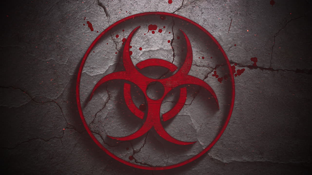 Premium stock video - Animated text covid-19 and horror background with toxic sign and dark blood