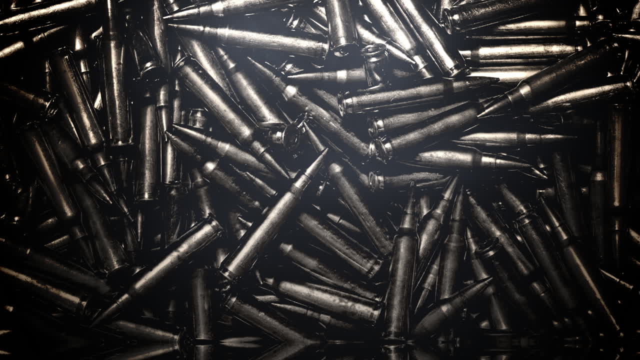 Premium stock video - Closeup guns patrons military cinematic background