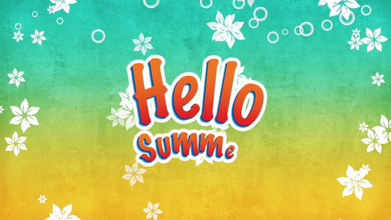 Premium stock video - Animated text hello summer with fly flowers