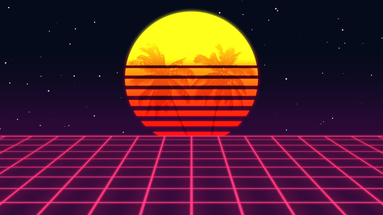 Premium stock video - Motion retro red grid and big sun with palms