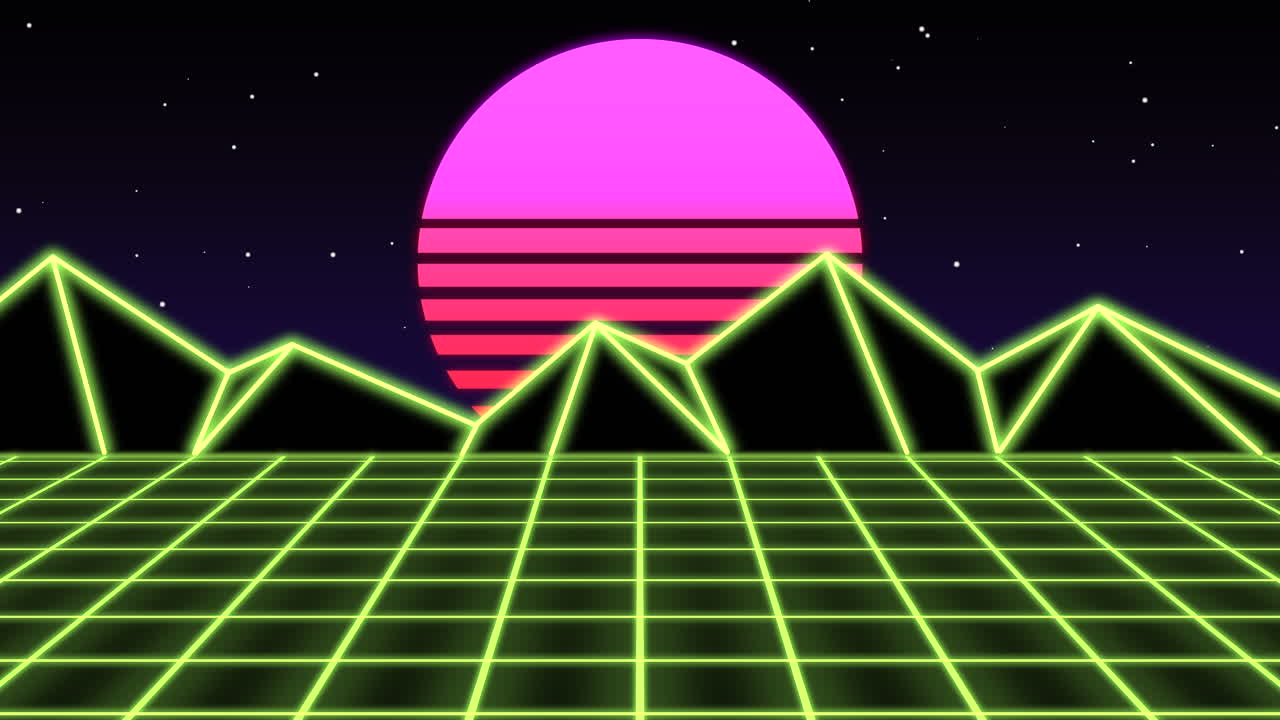 Premium stock video - Motion retro green grid and big sun with mountains