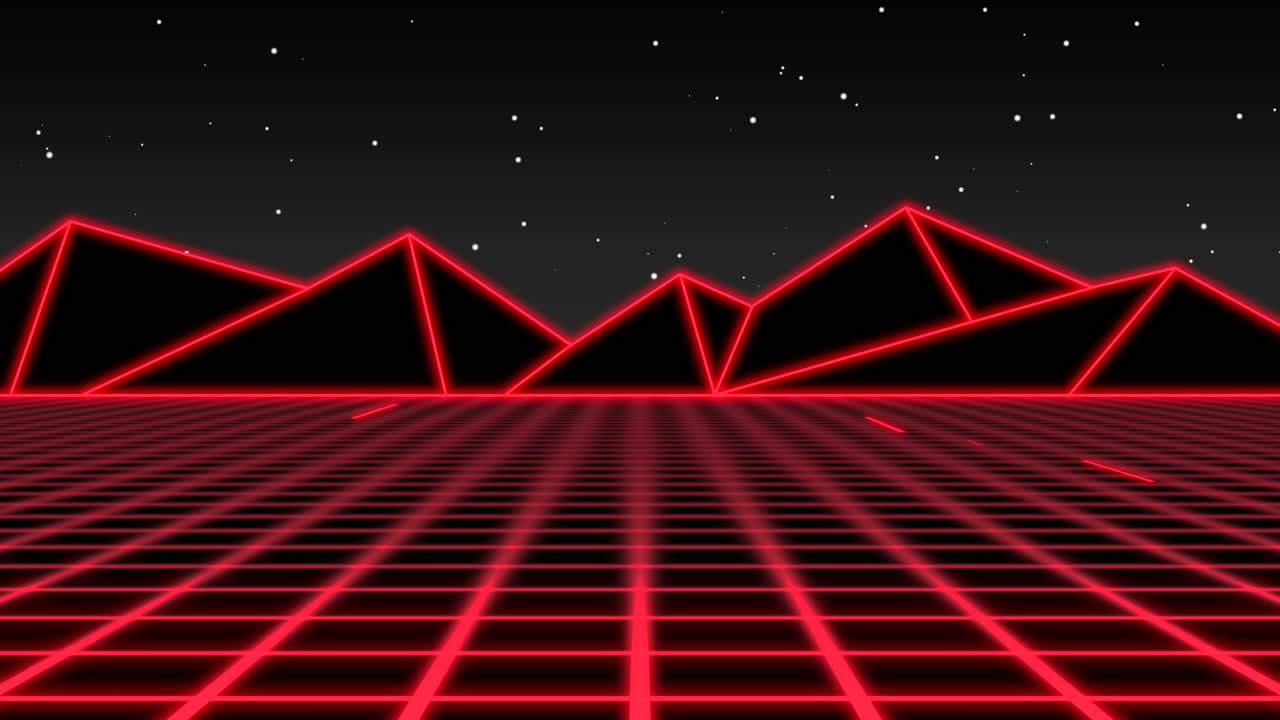 Premium stock video - Motion retro red grid and big mountains